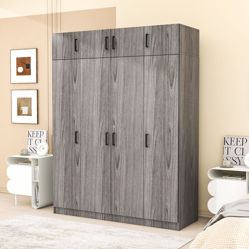 Elegant 4 Door Freestanding Wardrobe with Drawer Overhead Storage Millwood Pines Color Gray